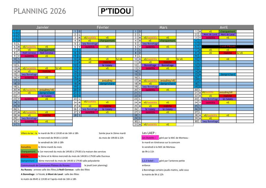 Planning Annuel P'tidou | Familles Rurales ludothèques Doubs